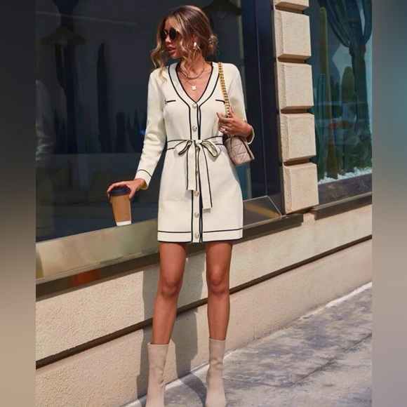 SHEIN | Dresses | New Cream And Black Dress Andor Cardigan L | Poshmark